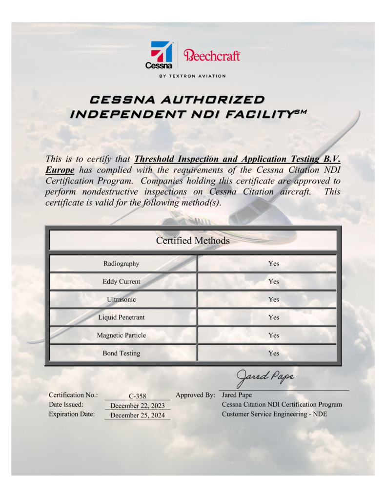 CESSNA Authorized Independent NDI Facility - Tiat Europe B.V.